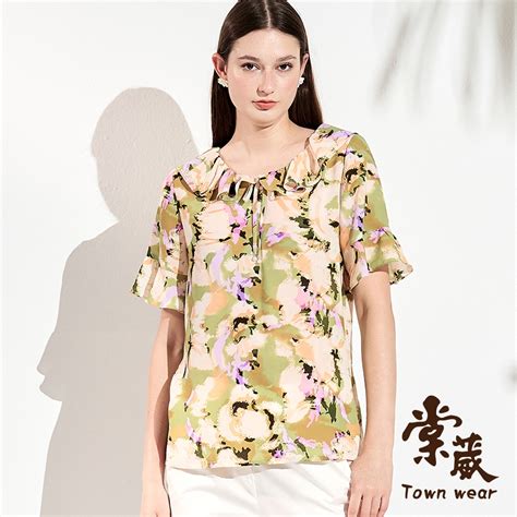 【townwear棠葳】涼感印花翻領上衣中大尺碼女上衣女上著短袖領結輕薄清涼 雪紡上衣 Yahoo奇摩購物中心