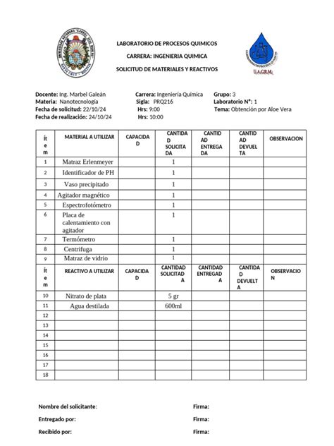 Modelo Solicitud De Materiales 2024 1 Pdf Química