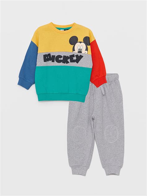 YEŞİL Bisiklet Yaka Uzun Kollu Mickey Mouse Baskılı Erkek Bebek