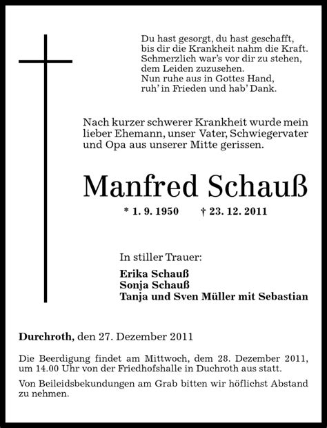 Traueranzeigen Von Manfred Schauß Rz Trauer De
