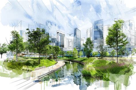 A Concept Of Sustainable Urban Planning Featuring A Green Park Zone Project Sketch The