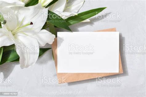 템플릿은 빈 종이와 백합 꽃회색 배경에 텍스트를위한 공간이있는 봉투입니다 0명에 대한 스톡 사진 및 기타 이미지 0명 개념 개념과 주제 Istock