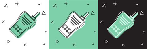 흰색과 녹색 검은 색 배경에 고립 된 워키 토키 아이콘을 설정합니다 휴대용 무선 송신기 아이콘입니다 라디오 트랜시버 사인 벡터