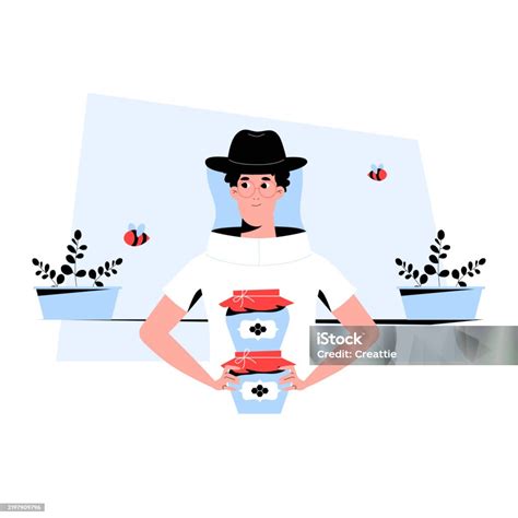 양봉가 꿀 항아리를 들고 에서 양봉 꿀 생산 및 지속 가능한 농업을 상징하는 평면 벡터 일러스트 레이 션 흰색 배경에 고립 된 건강한 생활방식에 대한 스톡 벡터 아트 및