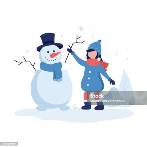 귀여운 소녀 플랫 디자인에 눈사람 벡터 일러스트 레이 션을 만들기 나무 덤 불 배너 엽서 및 웹 그래픽을 만들기 위한 비행 눈송이와 겨울 배경 명랑 만화 캐릭터 12월에