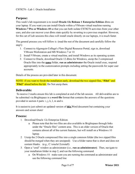 Cst8276 Lab 1 Oracle Installation Winter 2021 Purpose This Weeks Lab Requirement Is To