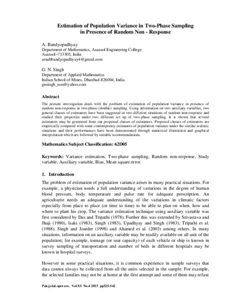 Pdf Estimation Of Population Variance In Two Phase Sampling In Presence Of Random Non Response