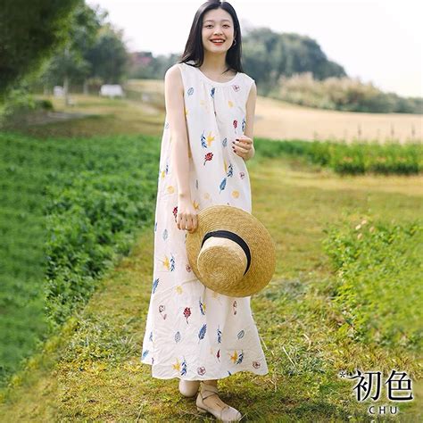 初色 棉麻風印花無袖連衣裙中長裙背心連身洋裝長洋裝 白色 34778 M 2XL可選 無袖洋裝 Yahoo奇摩購物中心