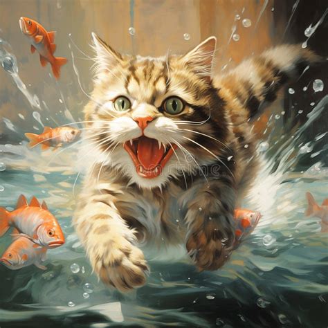Funny Cat With A Big Fish In His Mouth Illustration Generated Ai Stock