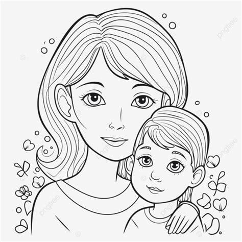 엄마와 아이 색칠하기놀이 벡터 기본 간단한 귀여운 만화 어머니의 날 개요 흰색 배경에 고립 어린이 색칠 페이지 Png
