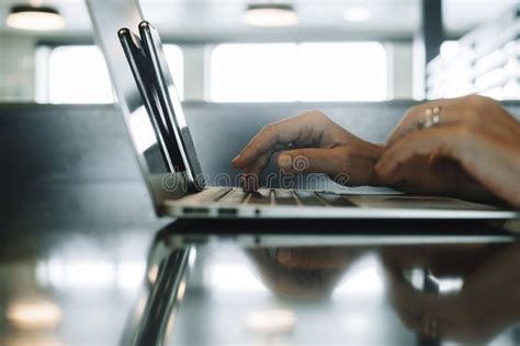 Using Computerhand Typing Message On Keyboard Laptop Chatting Friend