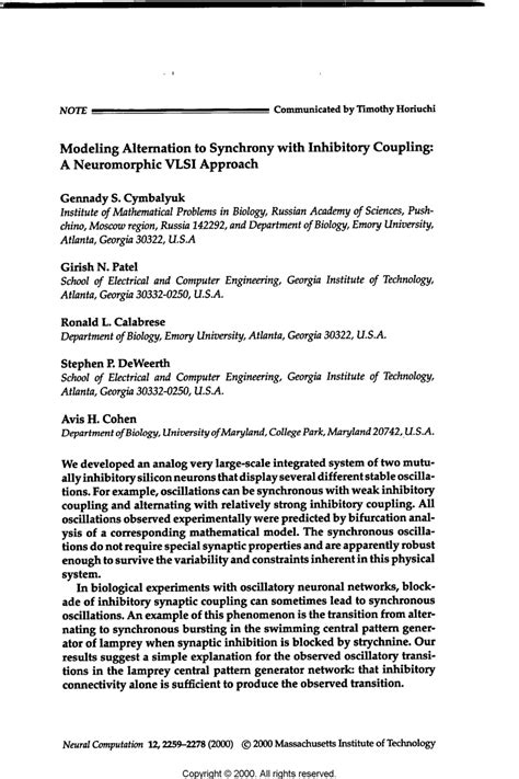 Pdf Modeling Alternation To Synchrony With Inhibitory Coupling A