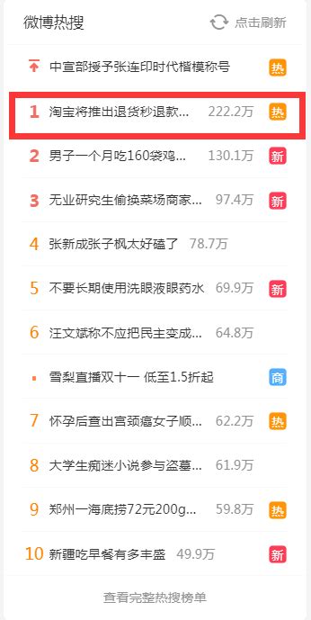热搜第一淘宝将推出退货秒退款功能双十一有了后悔药 每日经济网
