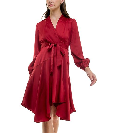 Maison Tara Long Sleeve Surplice V Neck Tie Waist Faux Wrap Dress