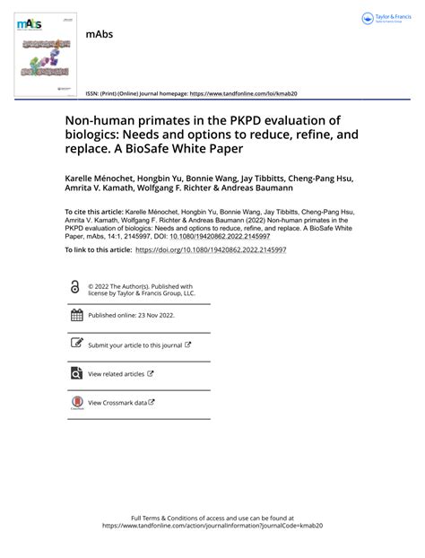 Pdf Non Human Primates In The Pkpd Evaluation Of Biologics Needs And Options To Reduce
