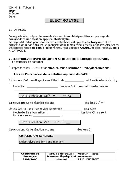 Chimie Électrolyse Tp Et Réactions En Solution Aqueuse Studocu