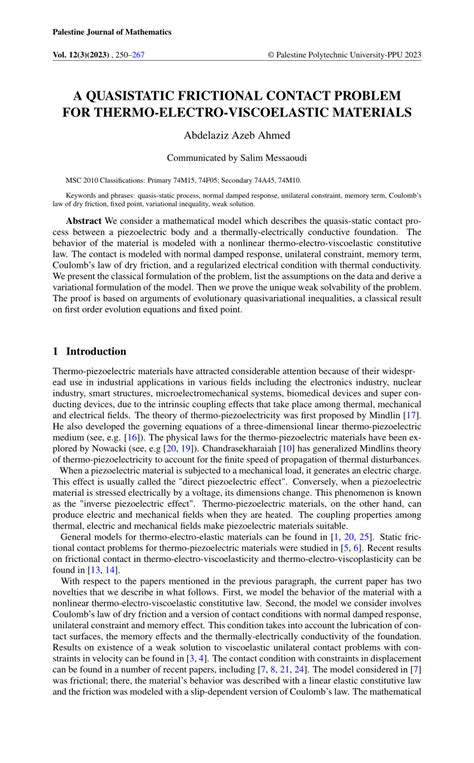 Pdf A Quasistatic Frictional Contact Problem For Thermo Electro