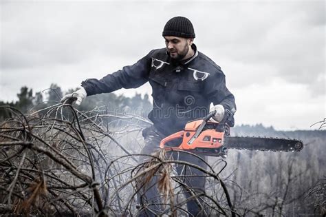 Chopping A Tree Trunk Into Small Logs With A Chainsaw Dangerous Work