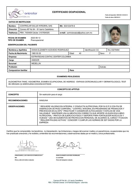 Diana Elizabeth Acevedo Rodriguez Identificación CC Nro CERTIFICADO OCUPACIONAL Fecha