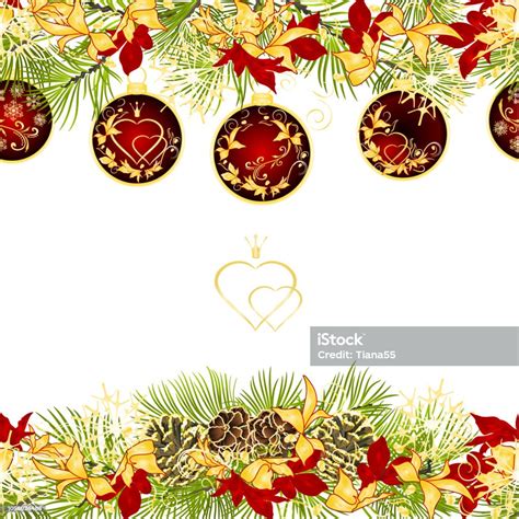 크리스마스와 새 해 장식 원활한 수평 Bordern 소나무 콘과 함께 분기 및 편집 가능한 황금과 빨간 포 인 세 티아 빈티지 벡터 일러스트 레이 션과 빨간색 크리스마스