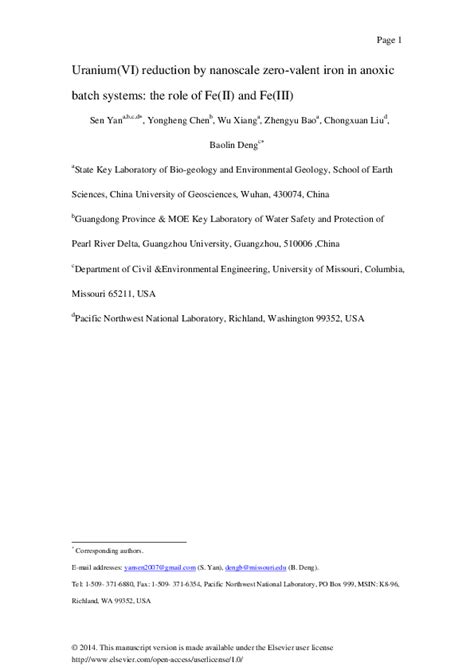 Pdf Uraniumvi Reduction By Nanoscale Zero Valent Iron In Anoxic