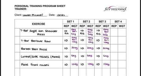 Personal Training Program Sheet