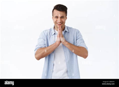 Portrait Of Happy Smiling Handsome Man Appreciate Friends Help Press
