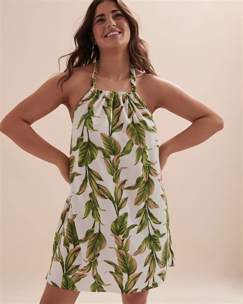 Turquoise Couture High Neck Halter Dress Jungle Leaves Print Bikini