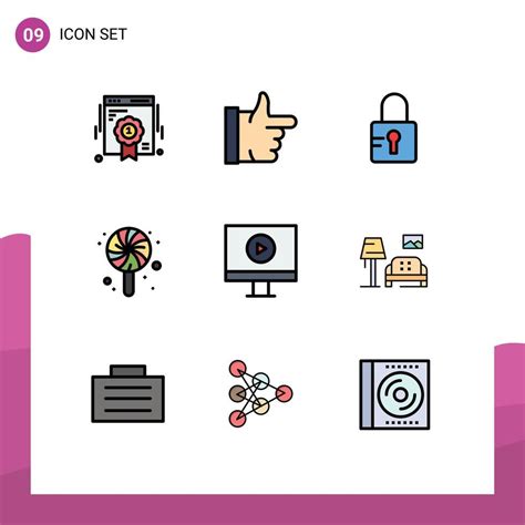 Pictogram Set Of 9 Simple Filledline Flat Colors Of Room Video Locked Player Candy Editable