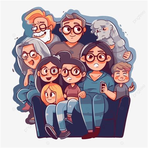 소파에 앉아 만화 가족 클립 아트 벡터 고립 된 만화 가족 영화의 밤 스티커 디자인 상표 Png 일러스트 및 벡터 에 대한