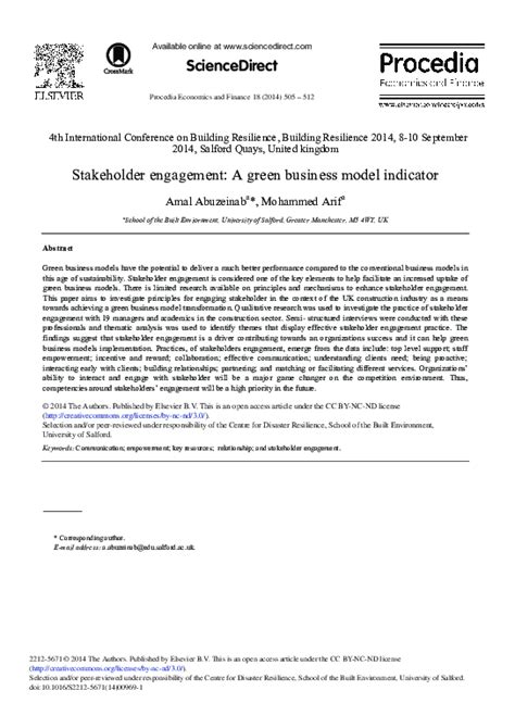 Pdf Stakeholder Engagement A Green Business Model Indicator