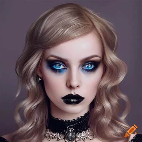 Captivating Goth Woman With Rich Complexion Blue Eyes And Wavy Golden Hair On Craiyon