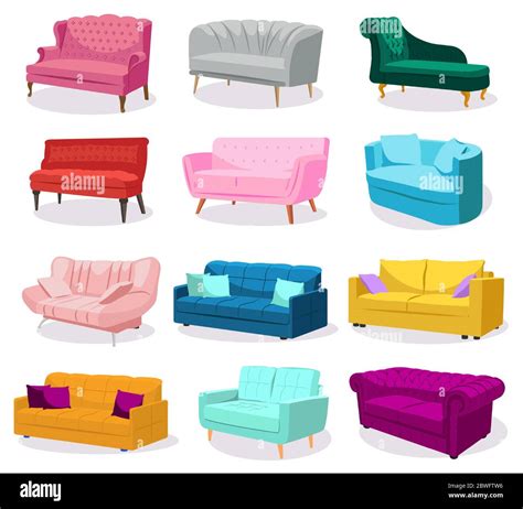 Big Set Of Modern Colorful Soft Sofas With Upholstery Stock Vector