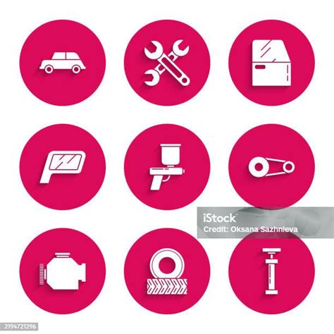 페인트 스프레이 건 자동차 바퀴 타이밍 벨트 키트 체크 엔진 거울 문 및 아이콘을 설정합니다 벡터 거울에 대한 스톡 벡터 아트 및 기타 이미지 Istock
