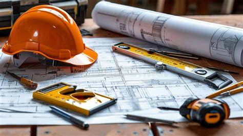 Repair Work Drawings For Building And Yellow Helmet On The Background Of A Construction Site