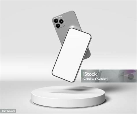흰색 실버 프리젠 테이션 연단과 전화 앞면과 뒷면 3d 렌더링 일러스트 모형 전화에 대한 스톡 사진 및 기타 이미지 전화 강단 받침대 Istock