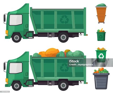 녹색 쓰레기 트럭과 다양한 종류의 쓰레기통이 흰색 배경에 격리되어 있습니다 쓰레기 트럭과 쓰레기통이 쓰레기로 가득 차 있습니다 쓰레기차에 대한 스톡 벡터 아트 및 기타