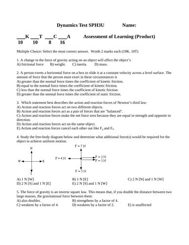 Dynamics Unit Test Forces Unit Test Grade 11 Physics Test With Answers