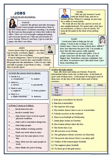 Jobs 2 Reading For Detail Dee English Esl Worksheets Pdf And Doc