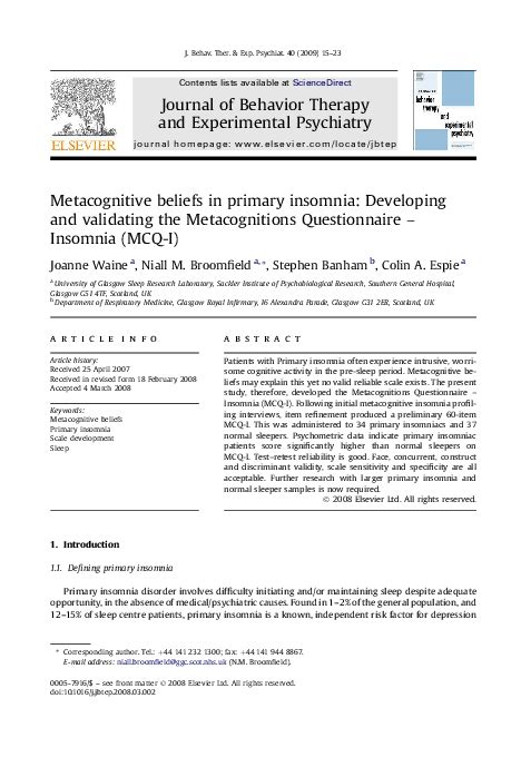 Pdf Metacognitive Beliefs In Primary Insomnia Developing And