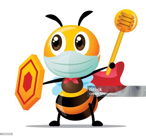 만화 귀여운 슈퍼 히어로 꿀벌 은 외과 마스크를 착용하고 적 바이러스및 박테리아로부터 보호하기 위해 방패와 꿀 디퍼를 들고 벡터 캐릭터 벌에 대한 스톡 벡터 아트 및 기타