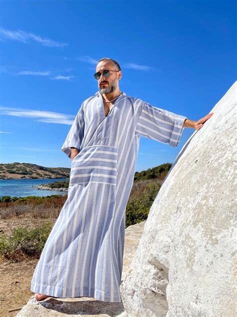 Mens Kaftan Cotton Linen Caftan For Men Greek Kaftan Robes For Men Blue Striped Long