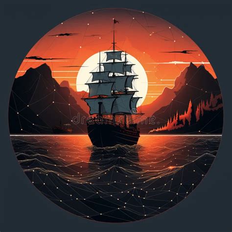An Illustration Of A Ship In The Ocean At Sunset Stock Illustration