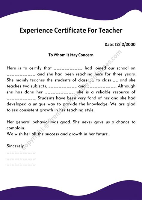 Experience Certificate Word Format For Teacher Design Talk