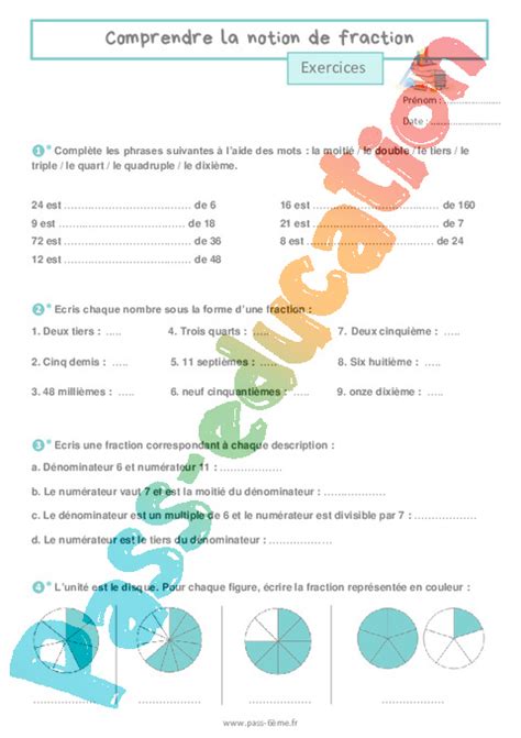 Comprendre la notion de fraction Exercices de 6ème PDF à imprimer