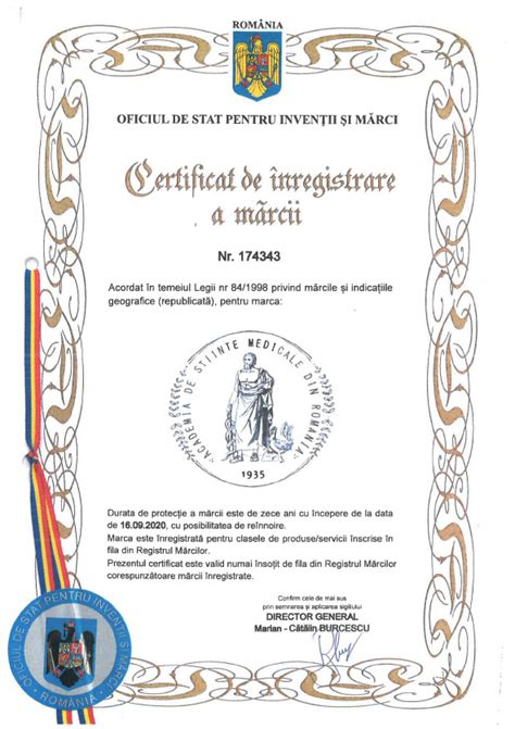 Certificat De Înregistrare A Mărcii Asm Academia De Ştiinţe Medicale
