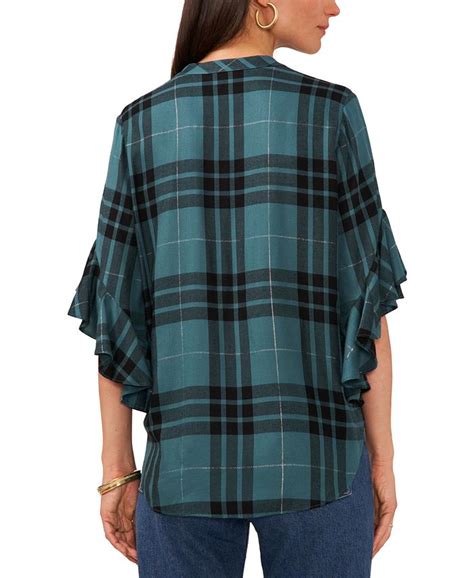 Vince Camuto Womens Plaid Pintuck Flutter 34 Sleeve Henley Blouse