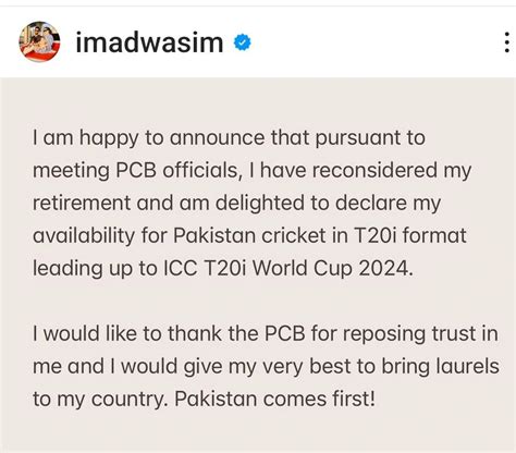 Muhammad Yousaf Anjum On Linkedin Pakistan Cricketer Imad Wasim Back