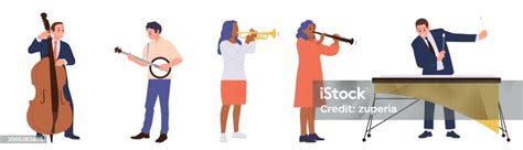 다양한 악기로 재즈 음악을 연주하는 다양한 영감을 받은 사람들 음악가 만화 캐릭터 Classical Concert에 대한 스톡