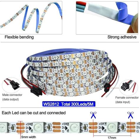 Ws2812b Ruban Led 5v 5mm De Large Ultra Fin Rgb Bande De Pixels Led 5m 5050 300 Leds Ip30 Pcb